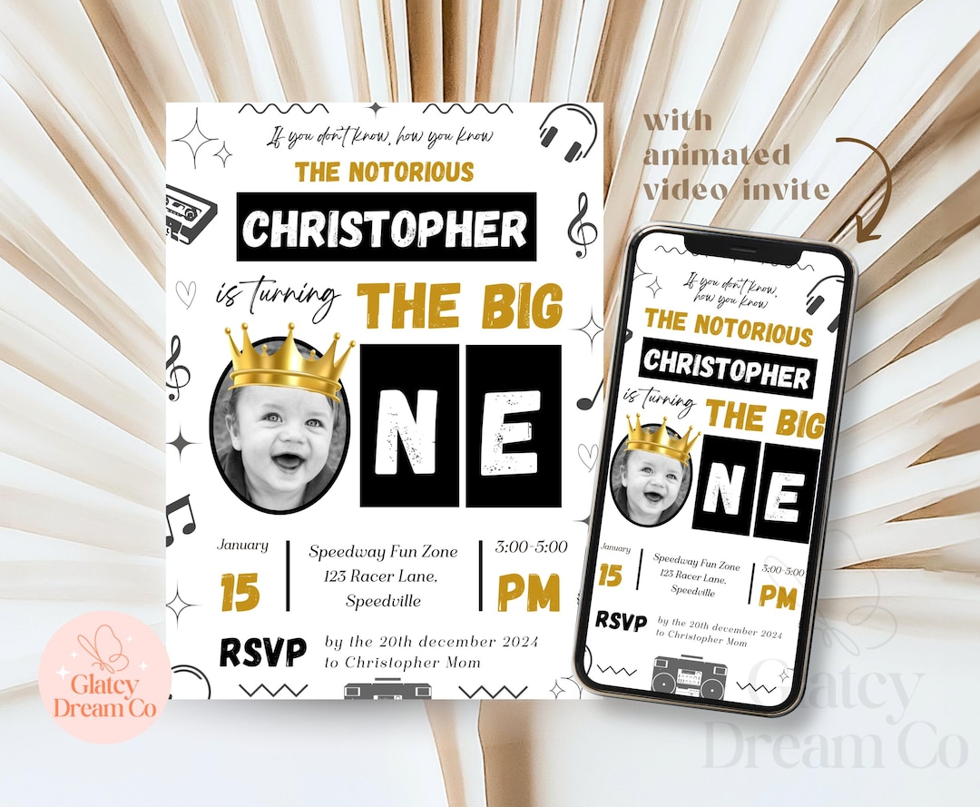 EDITABLE Notorious One, Animated Video First Bday Invite, Hip Hop ...
