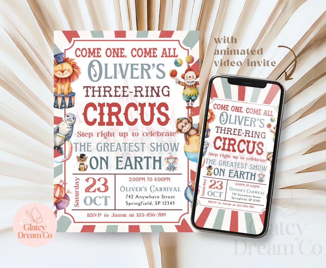 EDITABLE Three Ring Circus Vintage Carnival 3rd Birthday Video Invite ...
