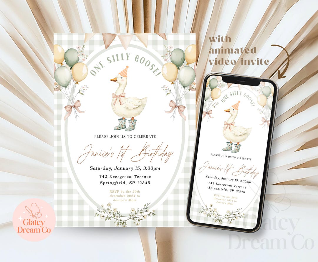 EDITABLE One Silly Goose First Birthday Invitation, Animated Video Bday ...