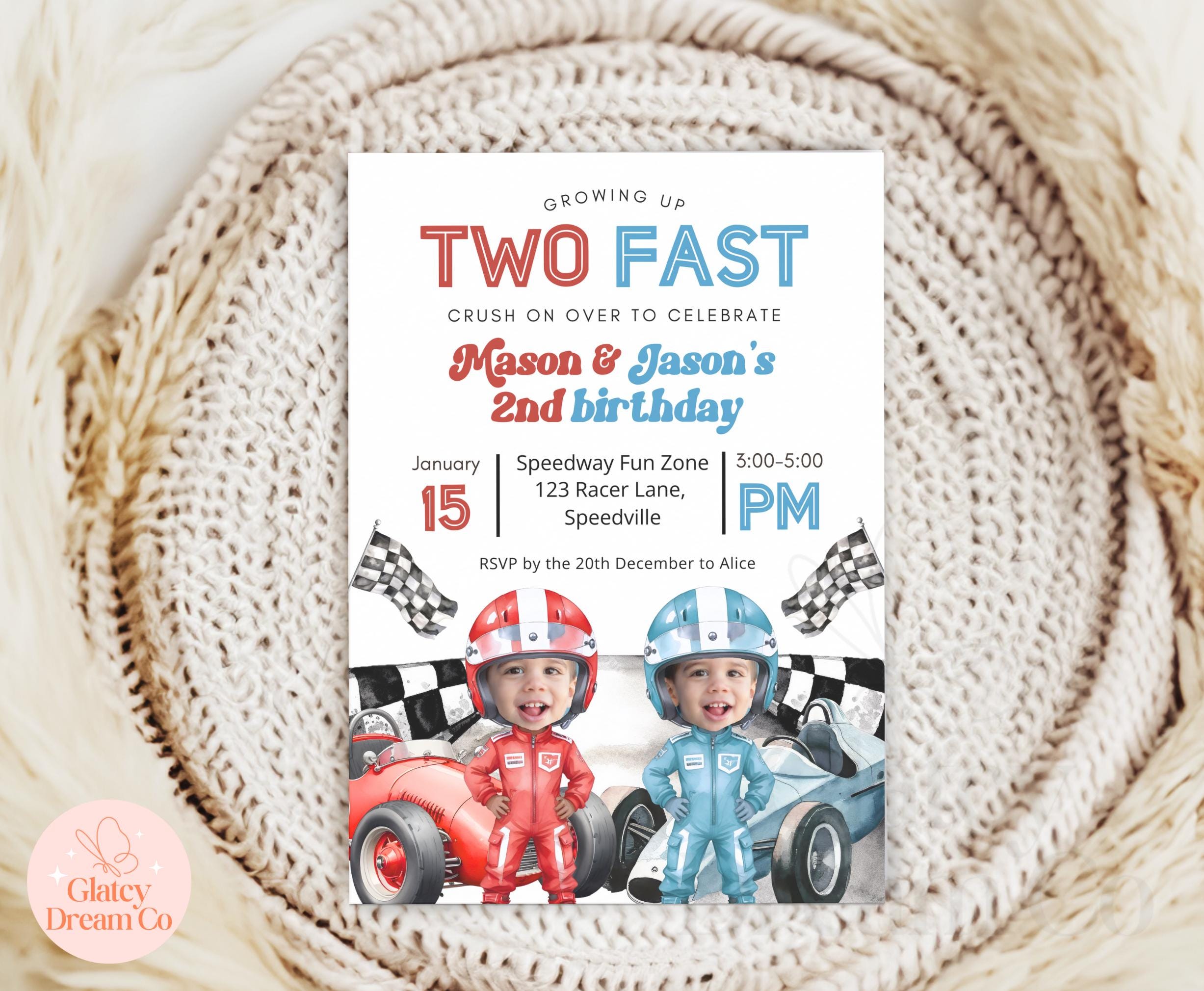 EDITABLE Growing up TWO Fast for TWINS, Racing Red Blue Car Invitation ...