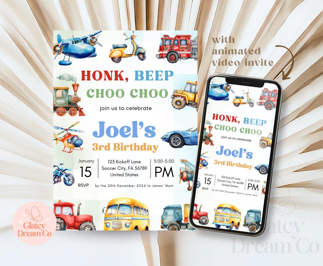 EDITABLE Transportation Birthday Party Invitation for ANY Age Honk Beep ...