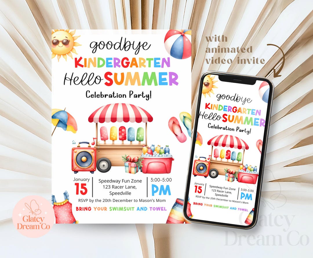 EDITABLE Goodbye Kindergarten Hello Summer Beach Evite, Pool Party End ...