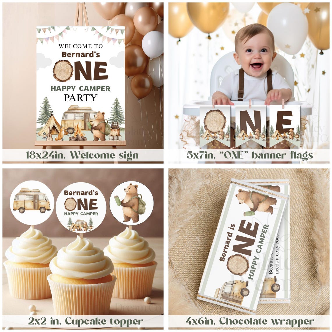 EDITABLE One Happy Camper Woodland 1st Birthday Bday Bundle Invitation ...