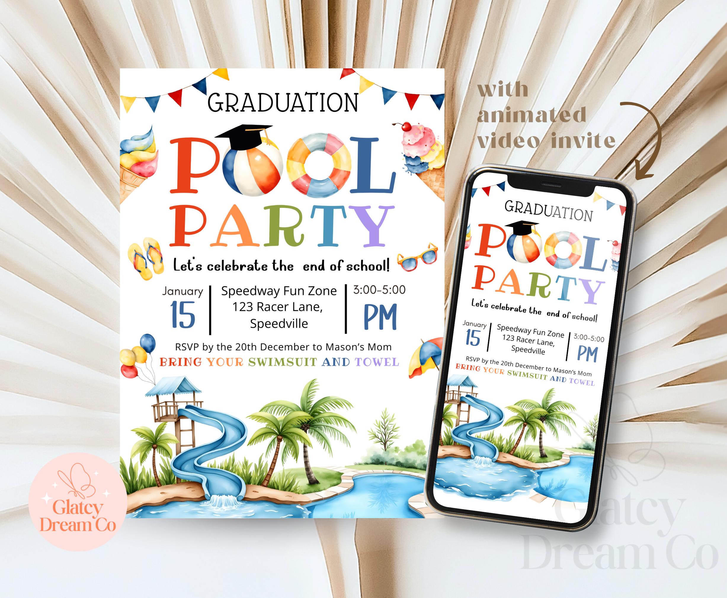 EDITABLE Graduation Kindergarten Pool Party Invitation, Hello Summer ...