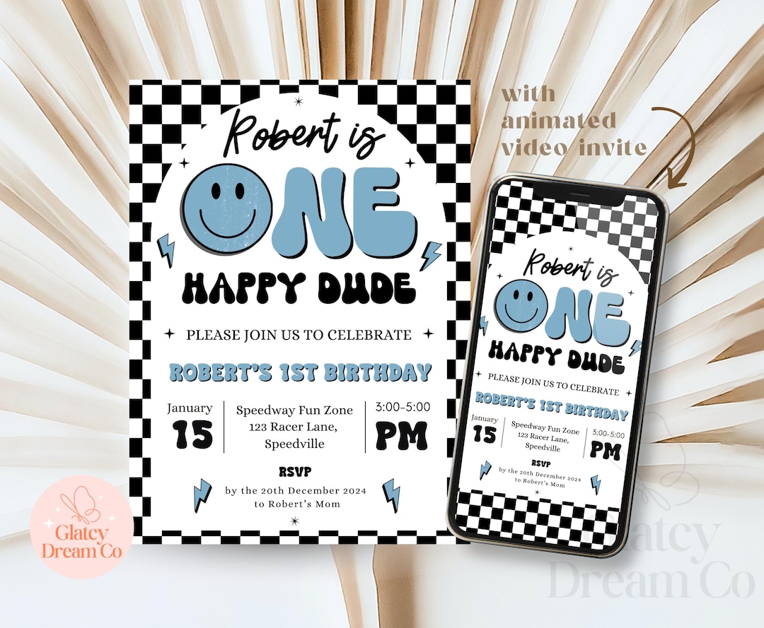 EDITABLE One Happy Dude Birthday Invite Template, Blue Black Retro ...