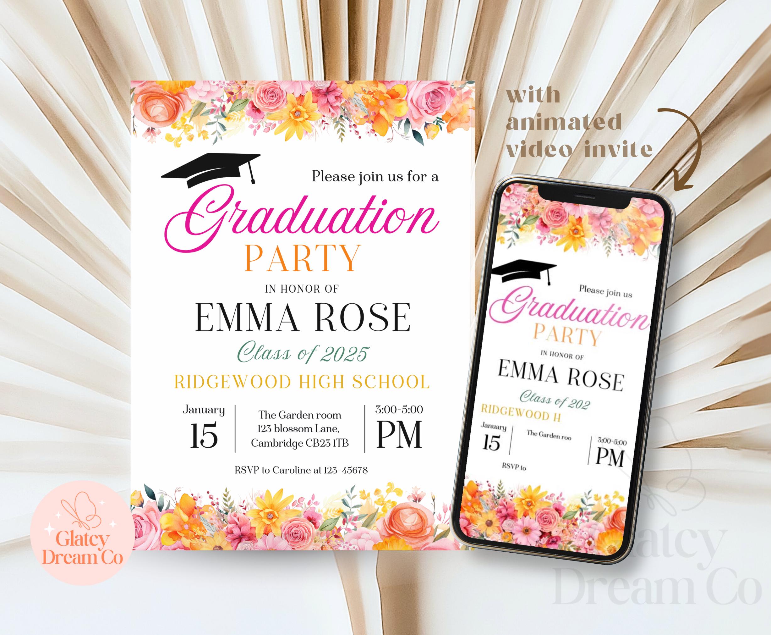 EDITABLE Pink Orange Flower Graduation Invitation High School College ...
