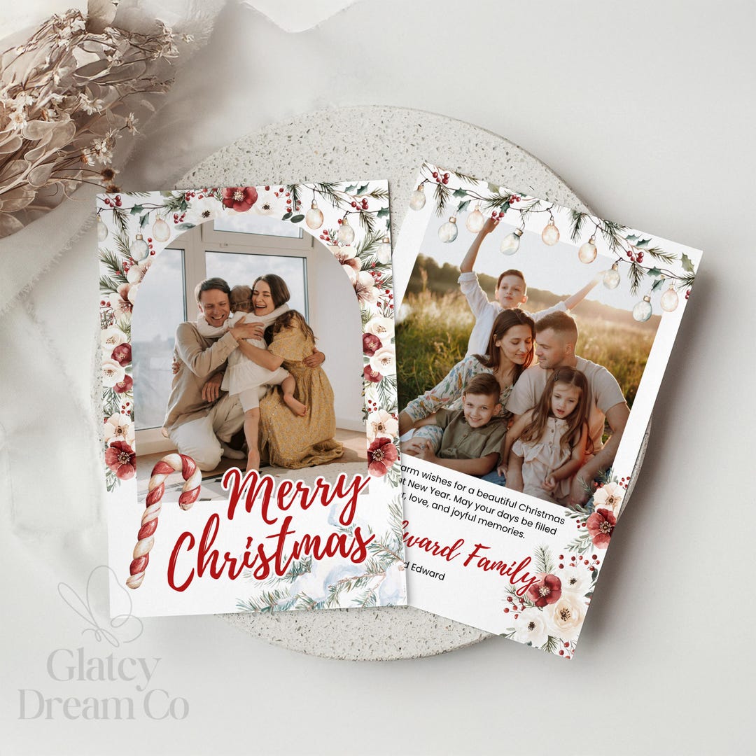 EDITABLE Floral Christmas Card Template, Rustic Holiday Photo With ...