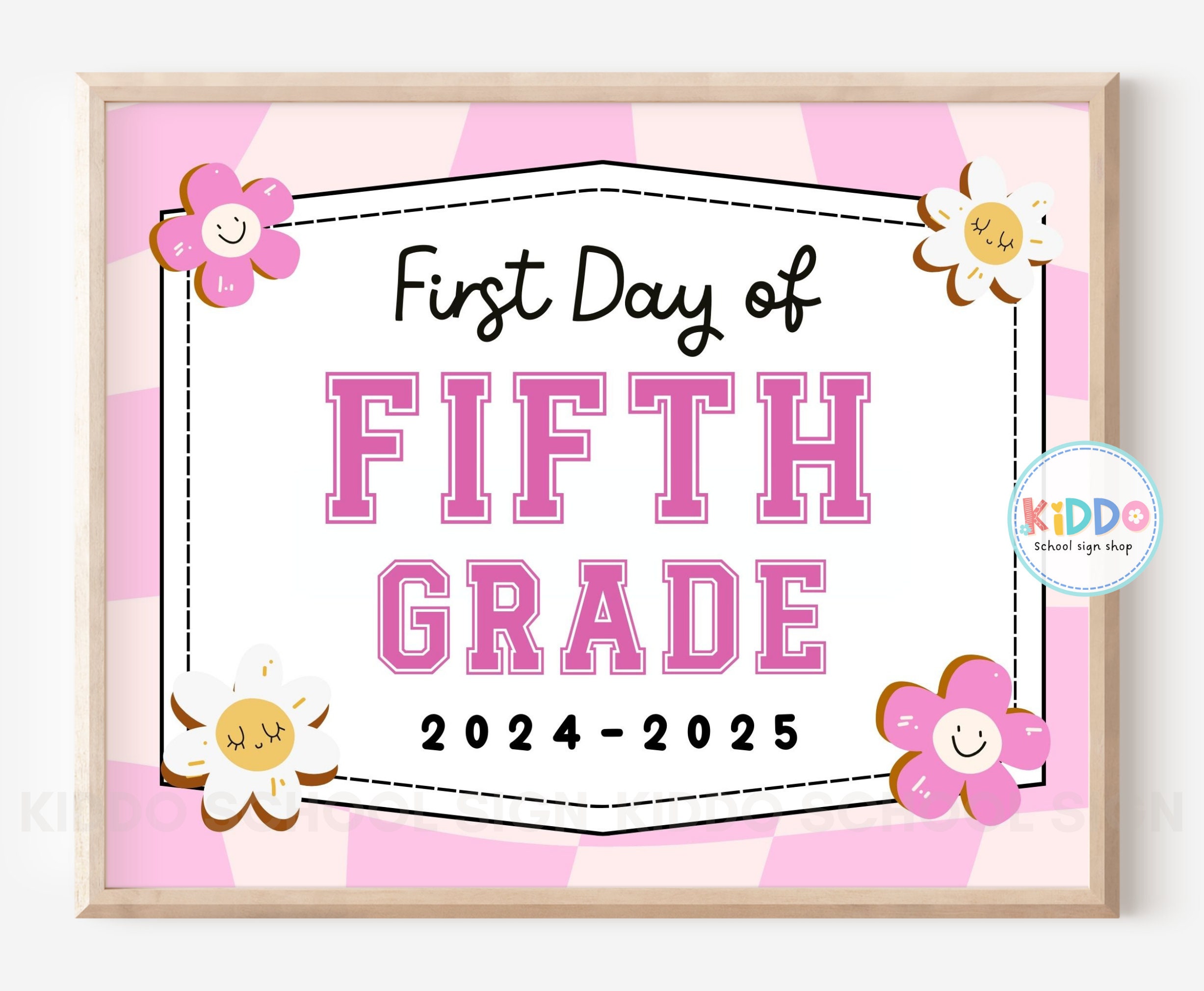 FIRST Day of Fifth Grade Sign Pink Flower Retro Girl Themed HELLO ...