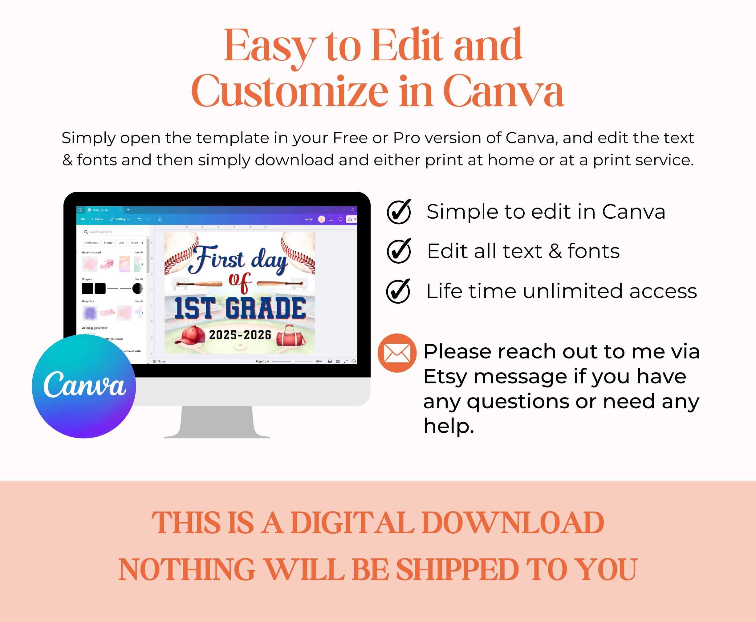 EDITABLE FIRST & LAST Day of Any Grade Sign Blue Red Baseball Boy ...