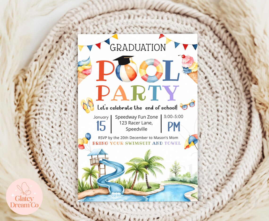 EDITABLE Graduation Kindergarten Pool Party Invitation, Hello Summer ...