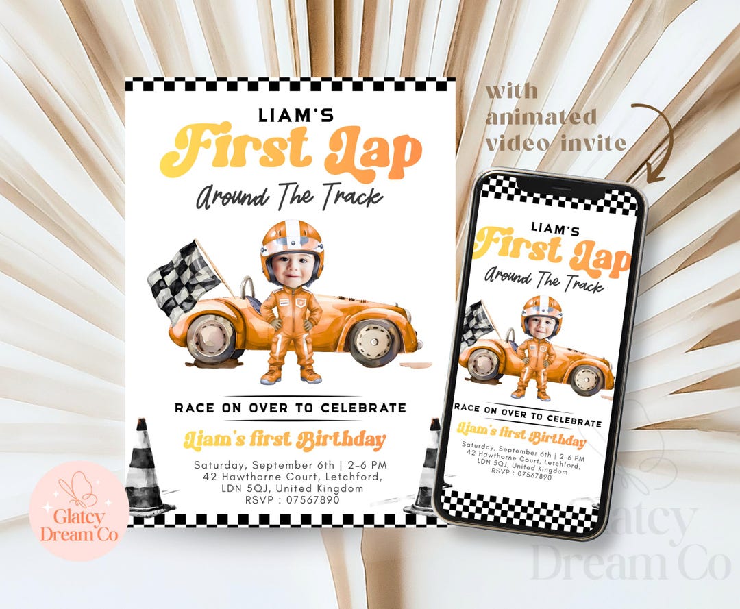 EDITABLE Race Car First Birthday Invitation With Photo, Orange Vintage ...