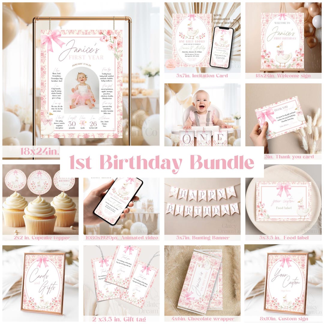 EDITABLE One Silly Goose First Birthday Complete Bundle, Vintage Pink ...