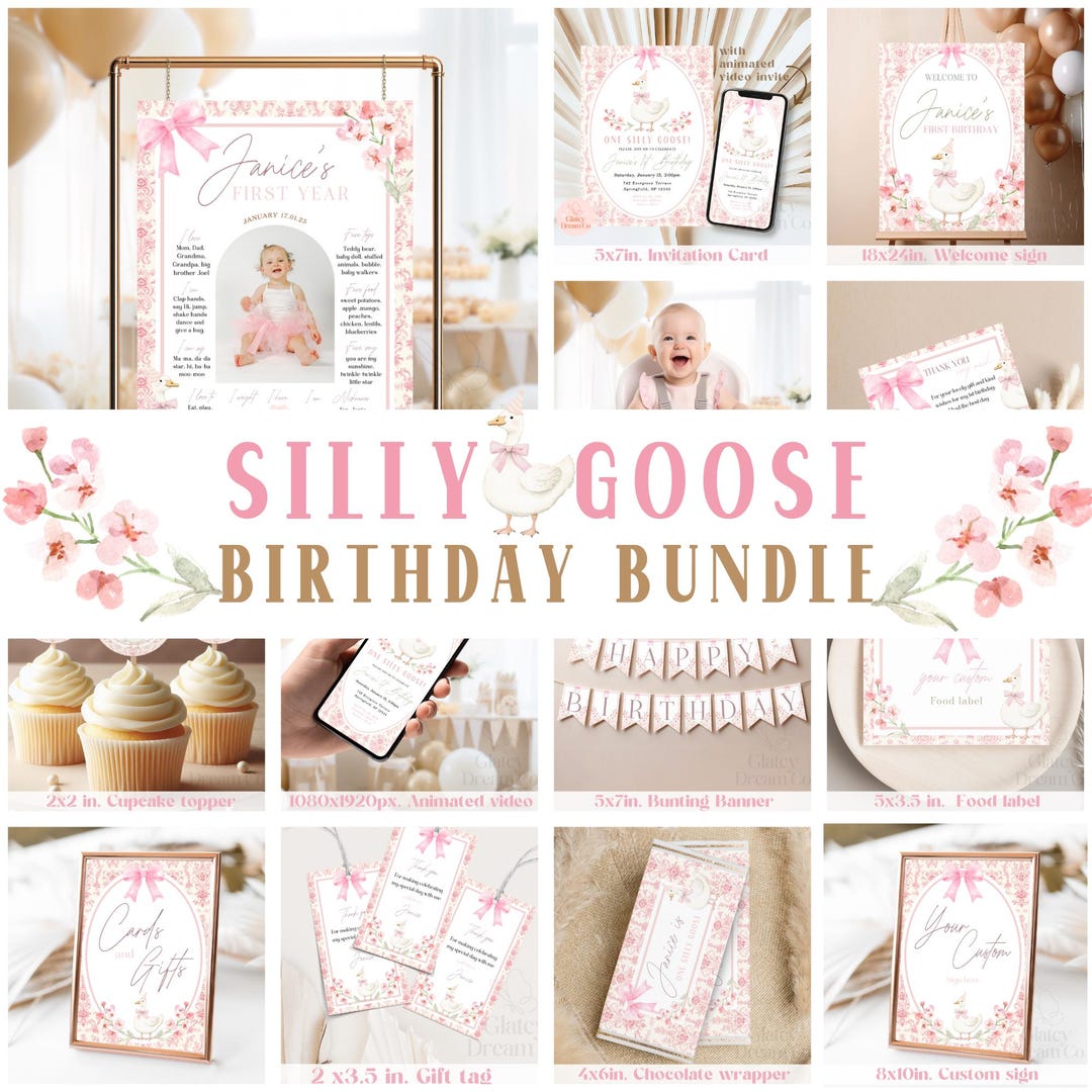 EDITABLE One Silly Goose First Birthday Complete Bundle, Vintage Pink ...