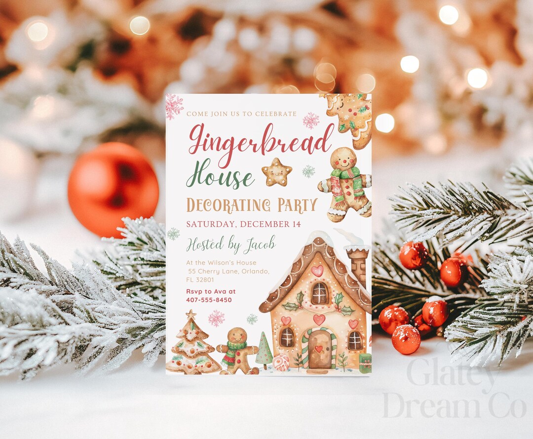 EDITABLE Gingerbread House Decorating Party, Kids Christmas Party ...