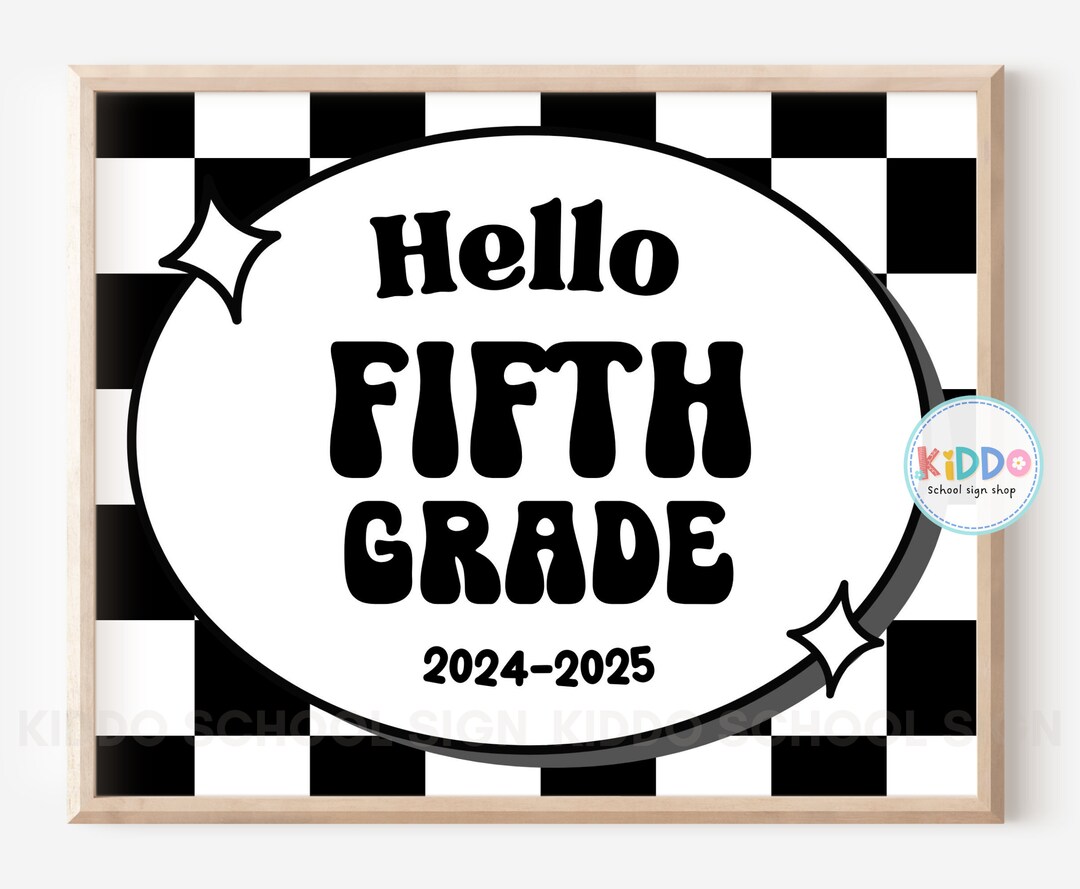 FIRST Day of Fifth Grade Hello 5th Grade Sign Black White Retro Boy ...