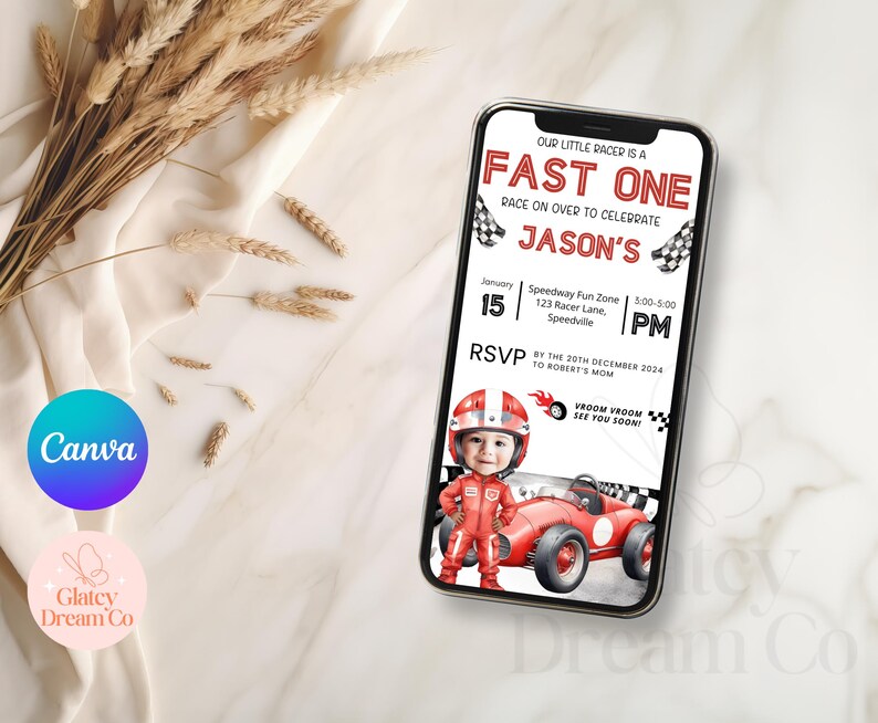 EDITABLE Racing Car Invitation, Photo Personalized, Fast One Boy 1st ...