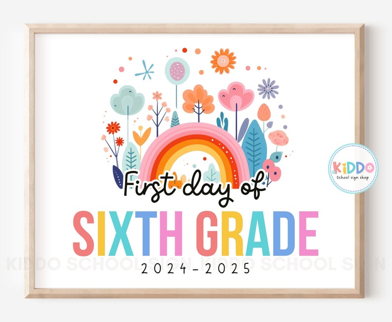 FIRST Day of Sixth Grade Sign, Kiddo School Pastel Flowers Groovy Cute ...