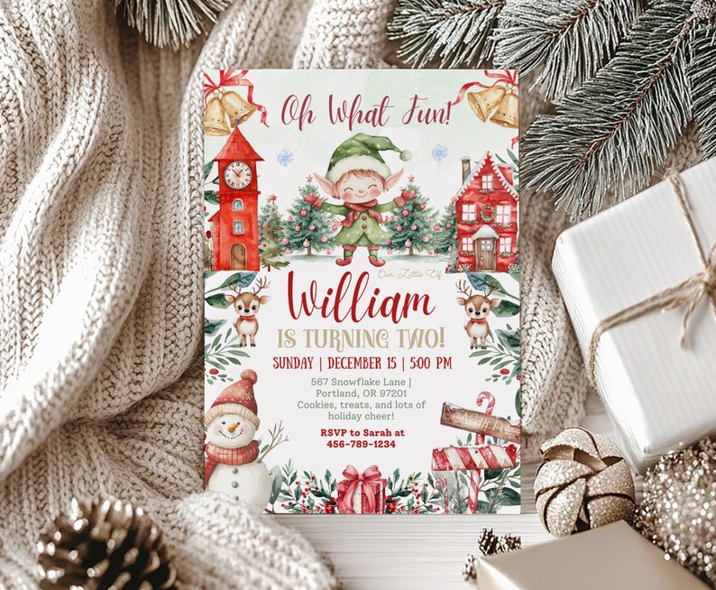 EDITABLE Christmas Birthday Party Invitation, Oh What Fun Elf Theme for ...