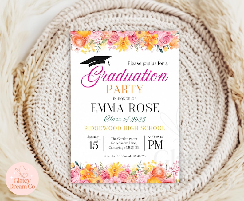 EDITABLE Pink Orange Flower Graduation Invitation High School College ...