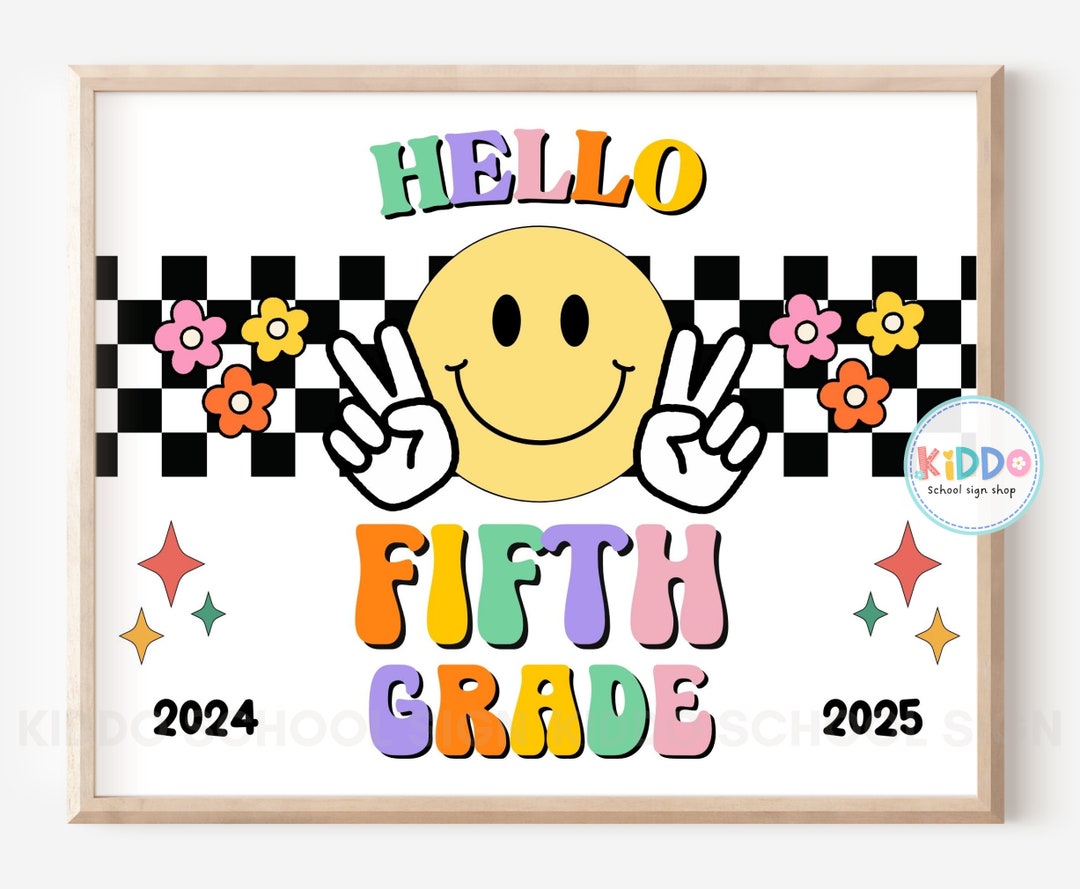 FIRST Day of Fifth Grade Sign HELLO 5th Grade Girl Cute Retro Groovy ...