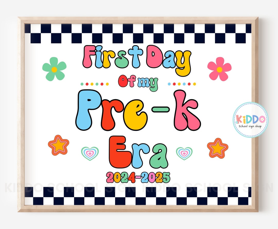FIRST Day of My Pre-k Era Sign HELLO Pre School Girl Rainbow Cute Retro ...
