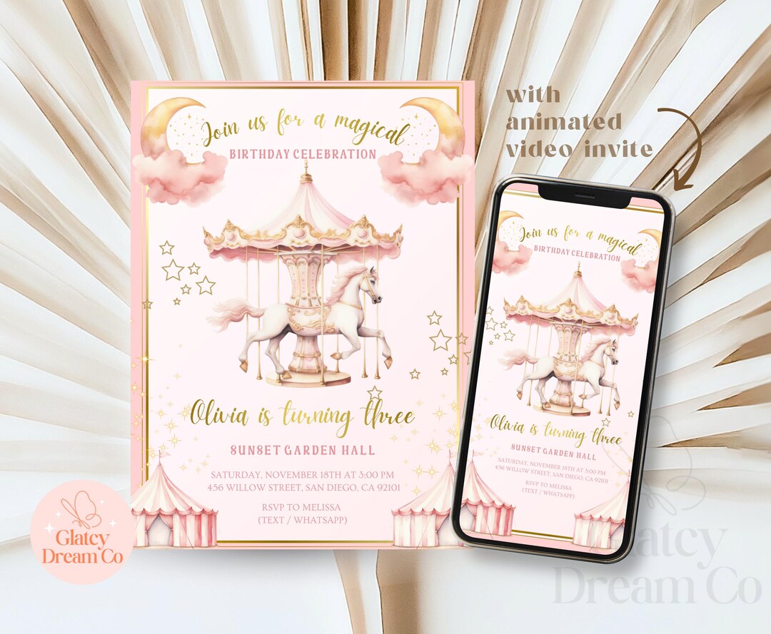EDITABLE Pink Carousel Birthday Invitation Template, Magical Fairground ...