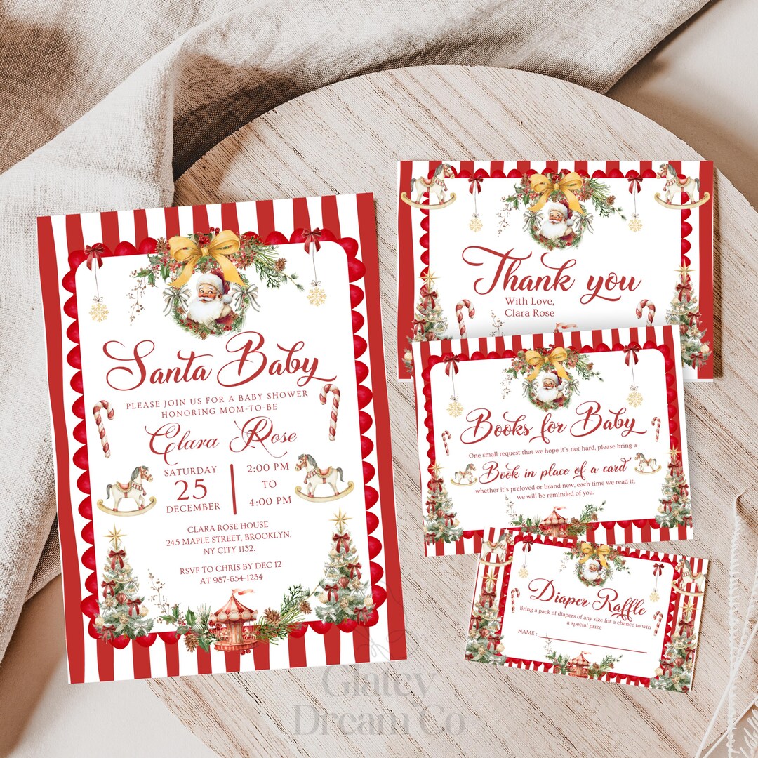 EDITABLE Santa Baby Shower Small Bundle, White Red Christmas Bow Girl ...