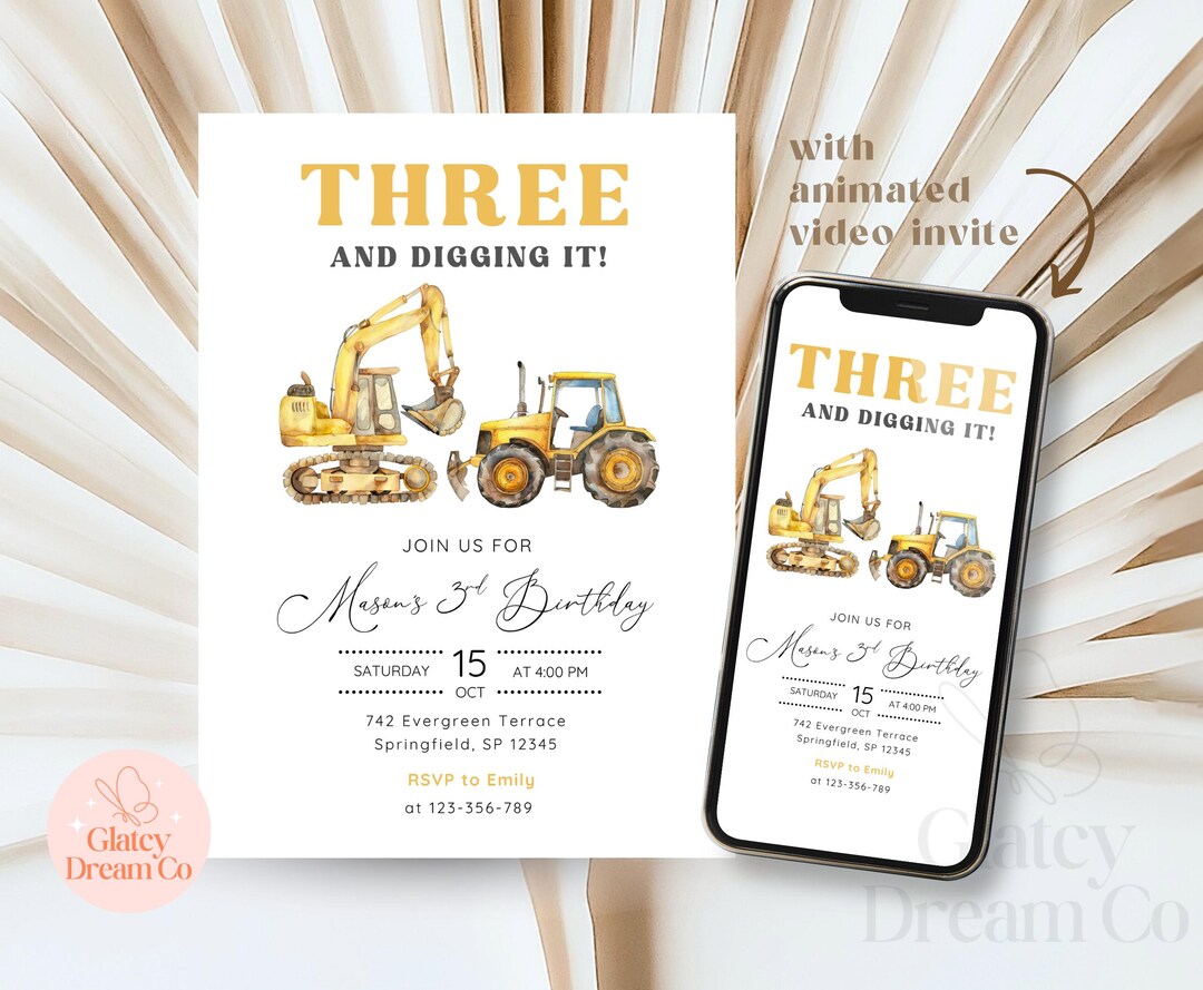 EDITABLE Three and Digging It Construction Digital Phone Printable 3rd ...