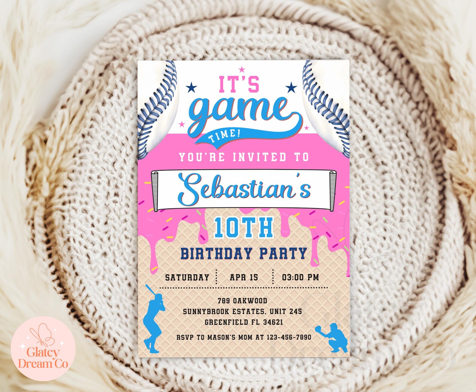 EDITABLE Baseball Drip Party Invitation for ANY AGE Waffle Ice Cream ...