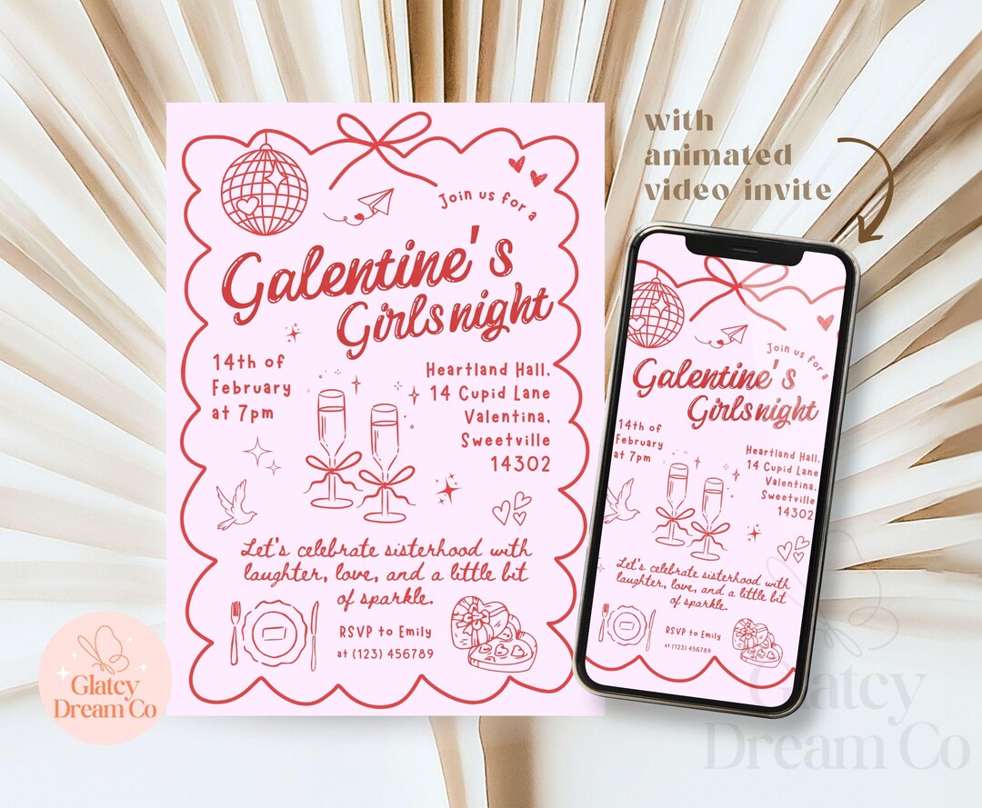EDITABLE Galentine's Girl Night Party Invitation, Hand Drawn Doodle ...
