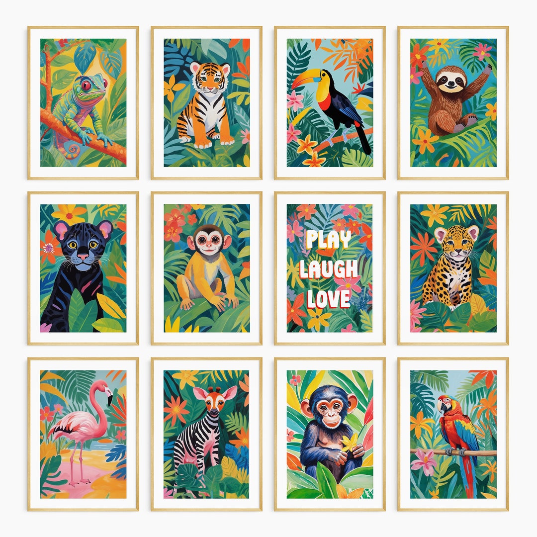 12 Set of Jungle Animals Kids Room Wall Art Gallery | Digital Download ...