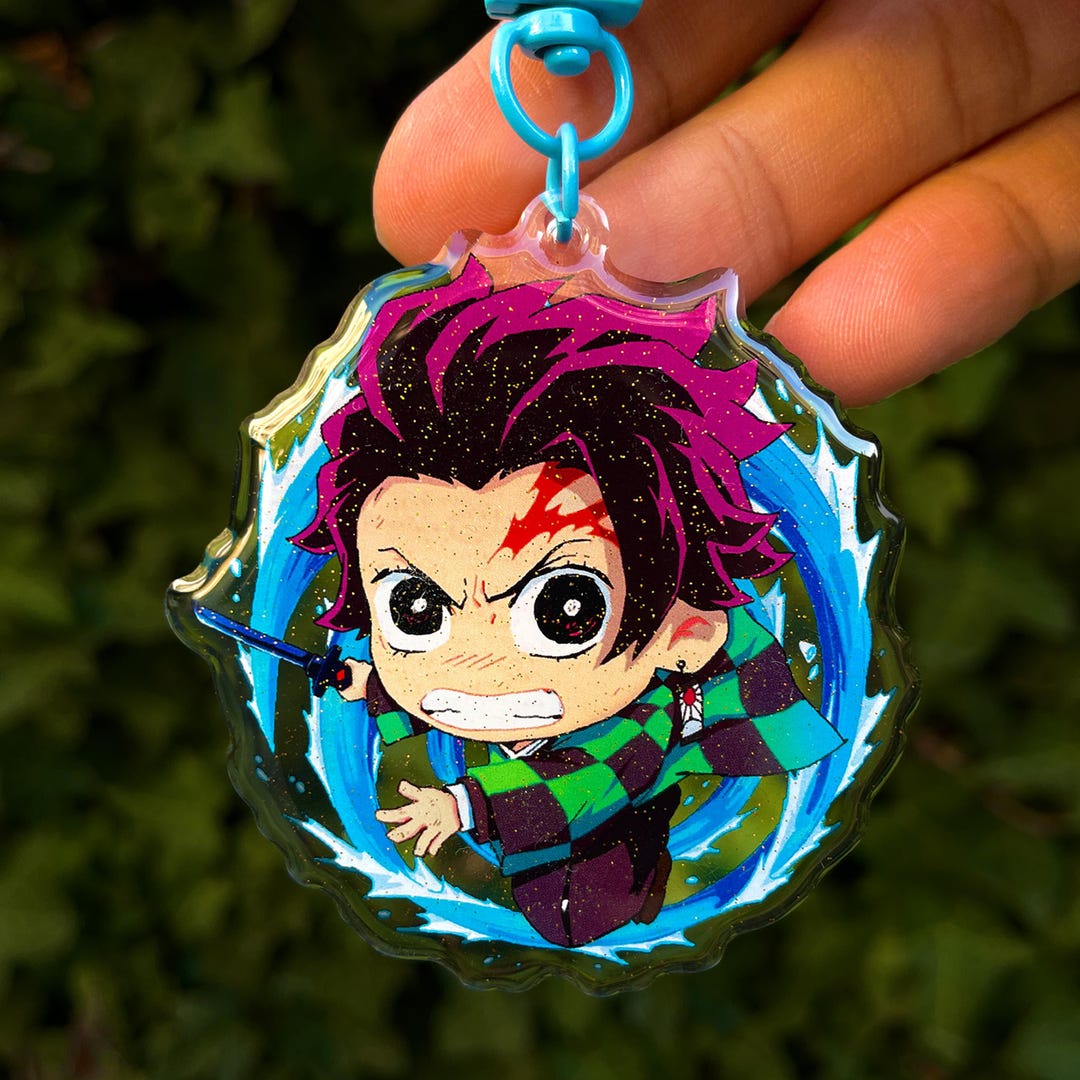 Cute Chibi Tanjiro Kamado Demon Slayer One Sided Epoxy Glitter Keychain ...