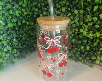Red Cherry Bows Glass Cup Pink Bows W Hearts Glass Cup Valentines Day ...