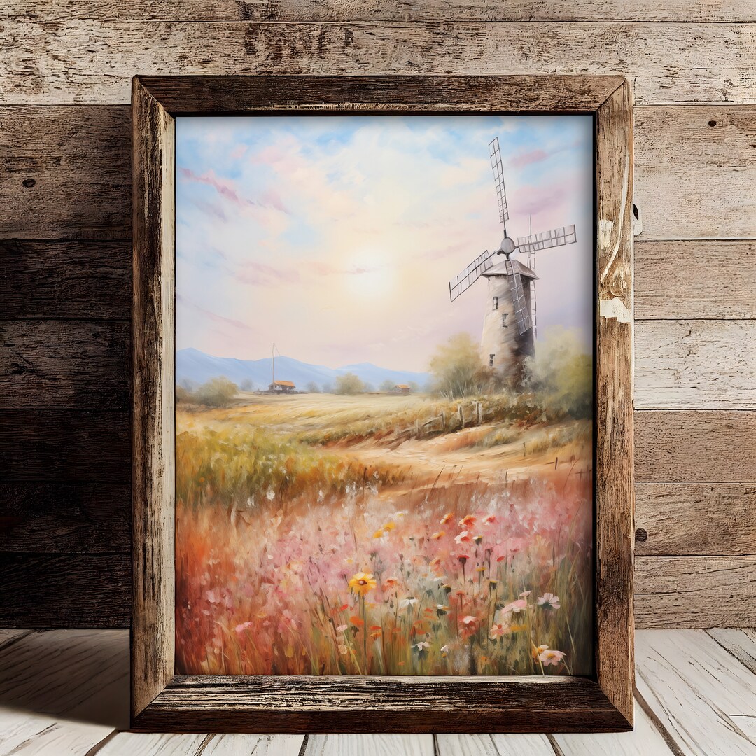 Vintage Windmill & Wildflowers Printable Art - Traditional Oil Painting ...