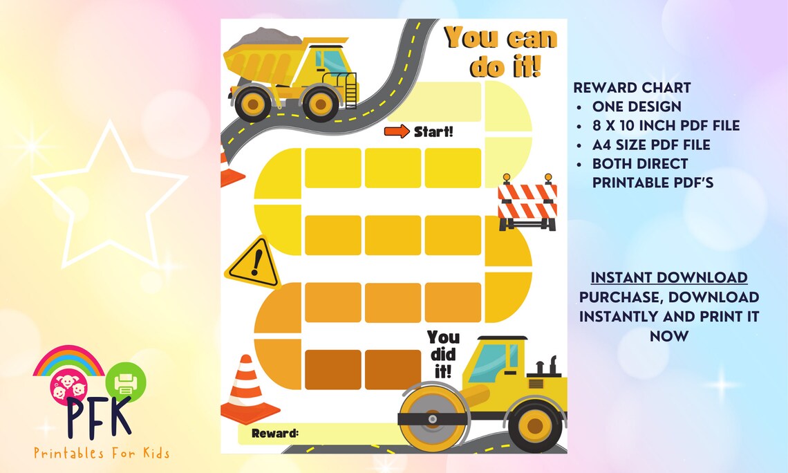 Construction Reward Chart Kids Routine Sticker Chart Digital Printable ...