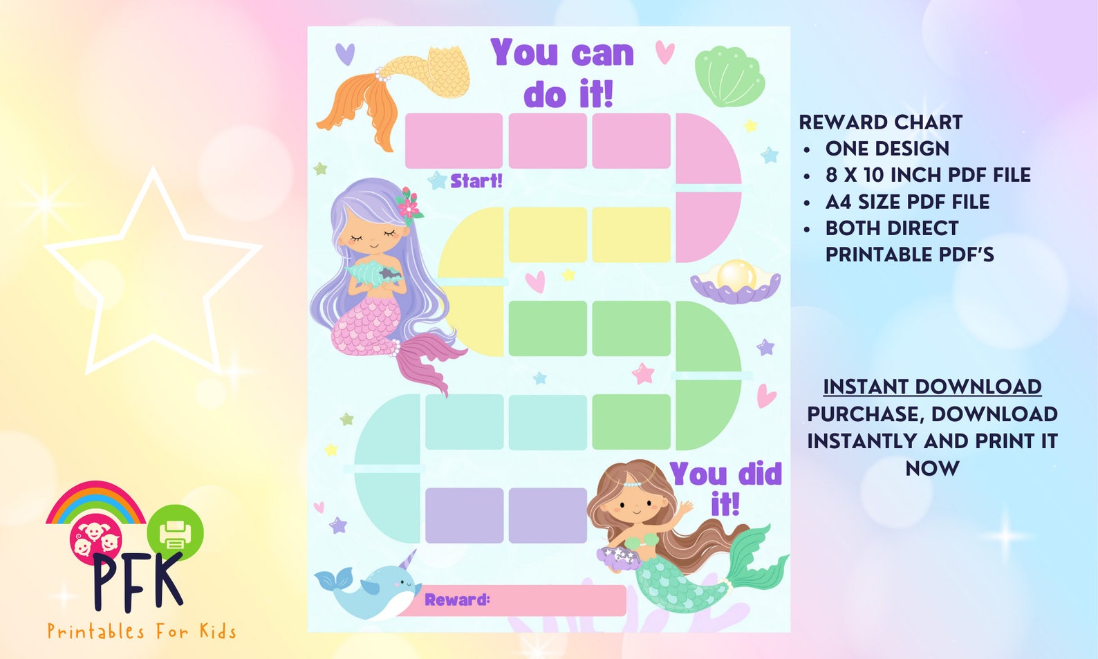 Mermaid Reward Chart Kids Routine Sticker Chart Digital Printable Cute Chore Chart for Girls ...