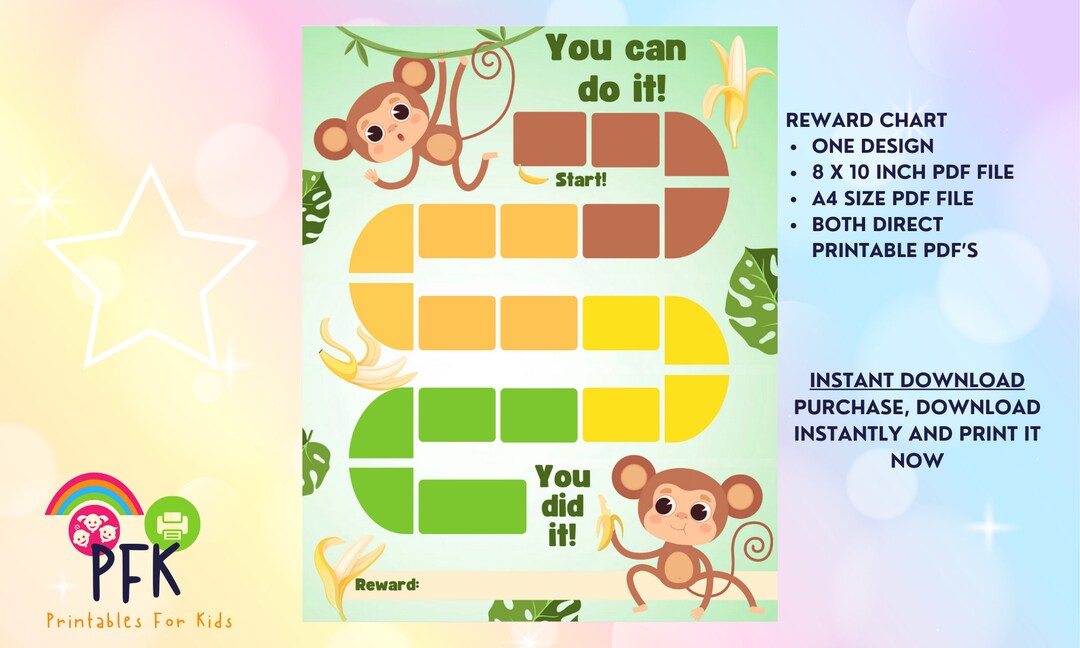 Monkey Reward Chart Kids Routine Sticker Chart Digital Printable Cute ...