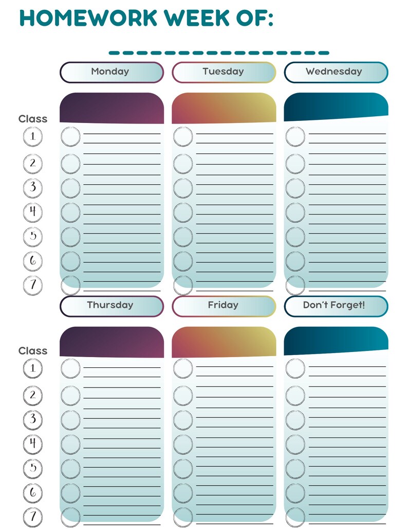 Printable Weekly Student Academic Homework and Daily Assignment Planner ...