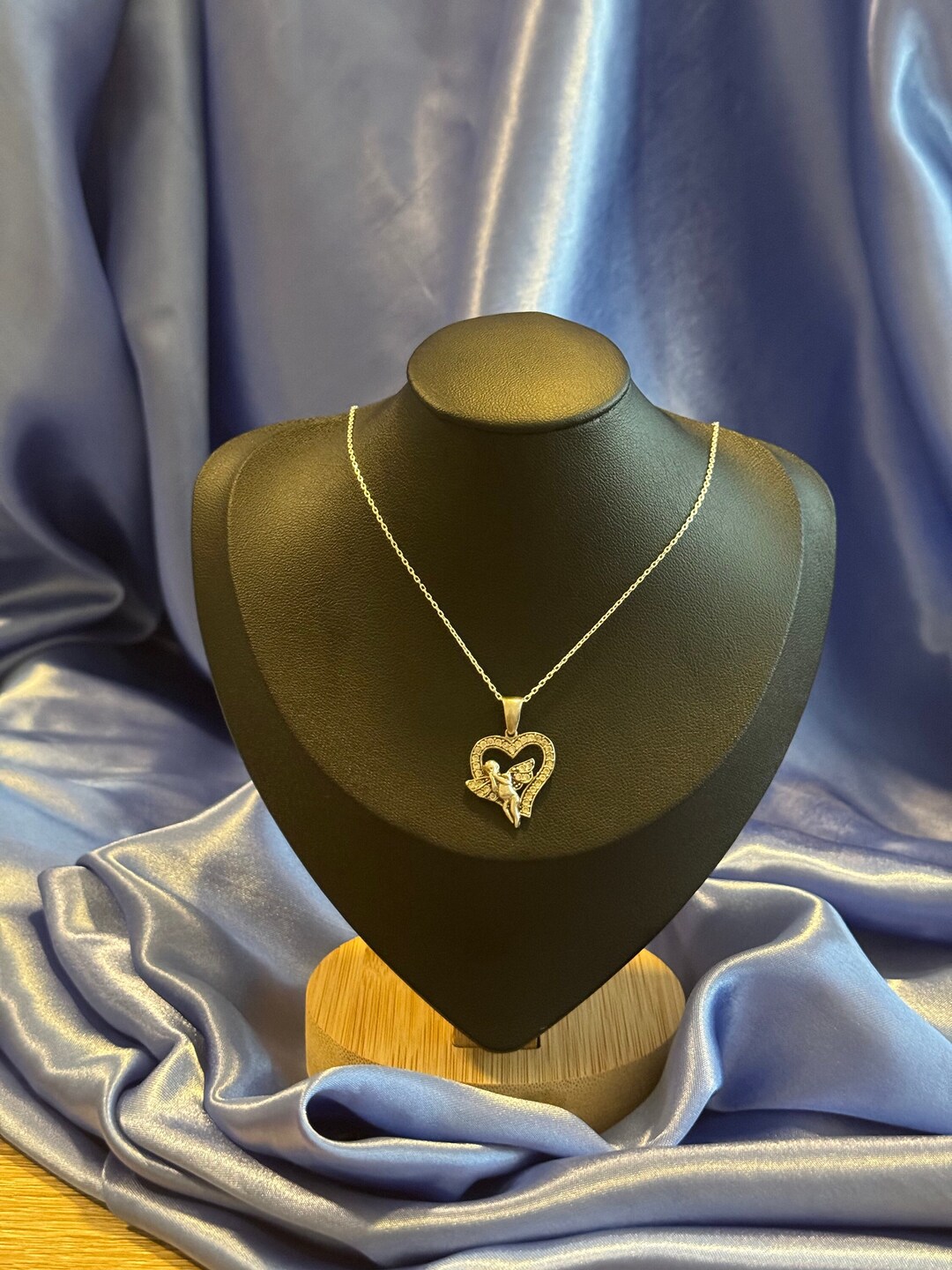 Vintage Sterling Silver Angel Heart Necklace, Romantic Crystal Pendant ...
