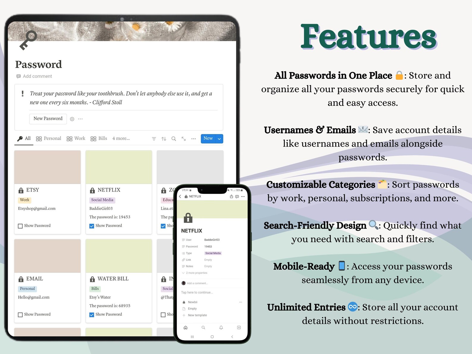 Password Tracker Organizer Notion Template Password Manager Book Log in ...