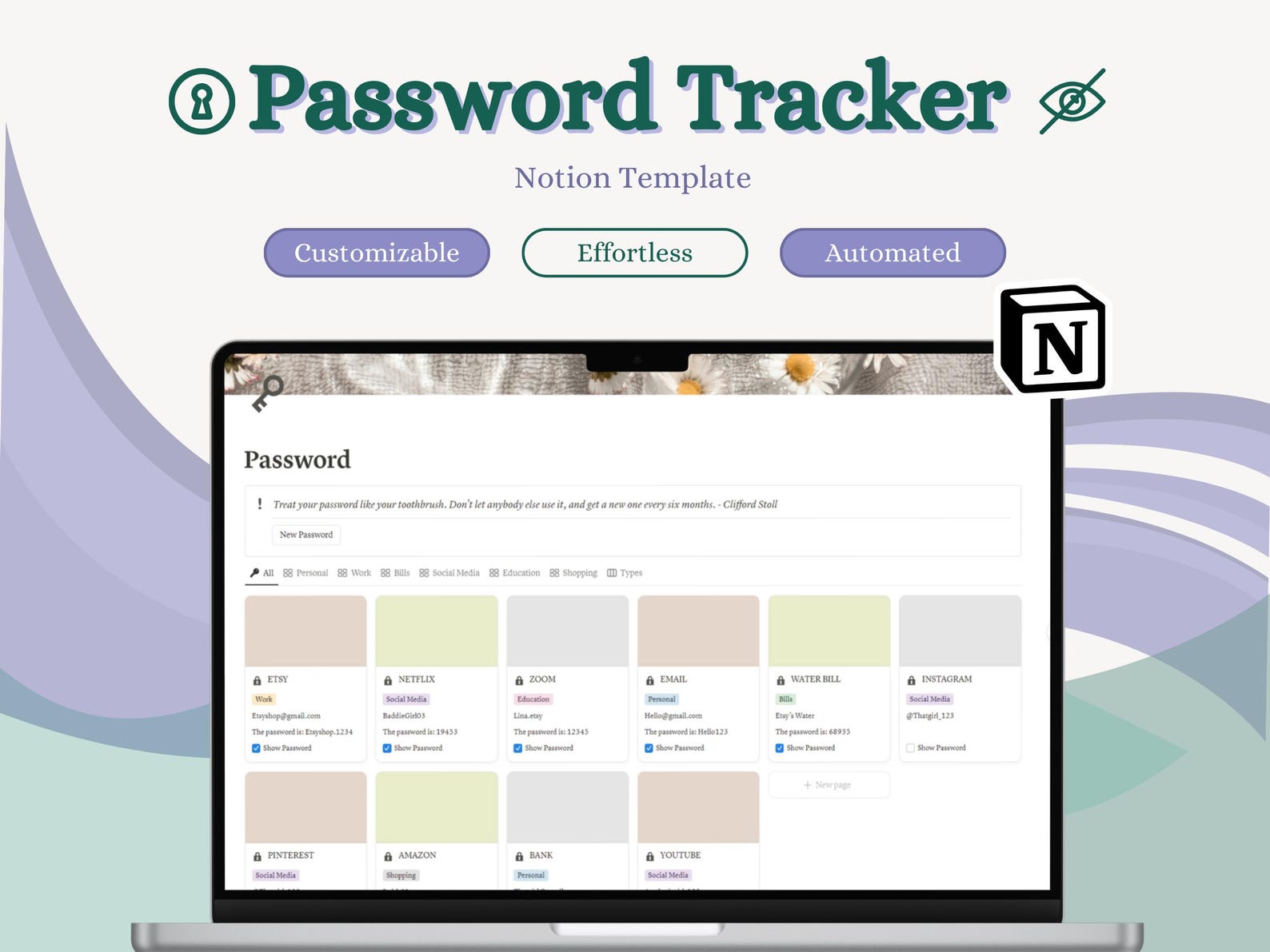 Password Tracker Organizer Notion Template Password Manager Book Log in ...