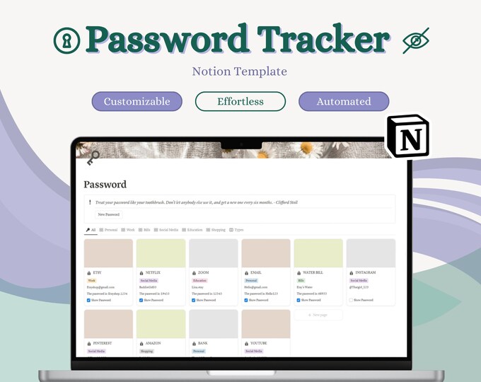 Password Tracker Organizer Notion Template Password Manager Book Log in Password Journal Digital ...
