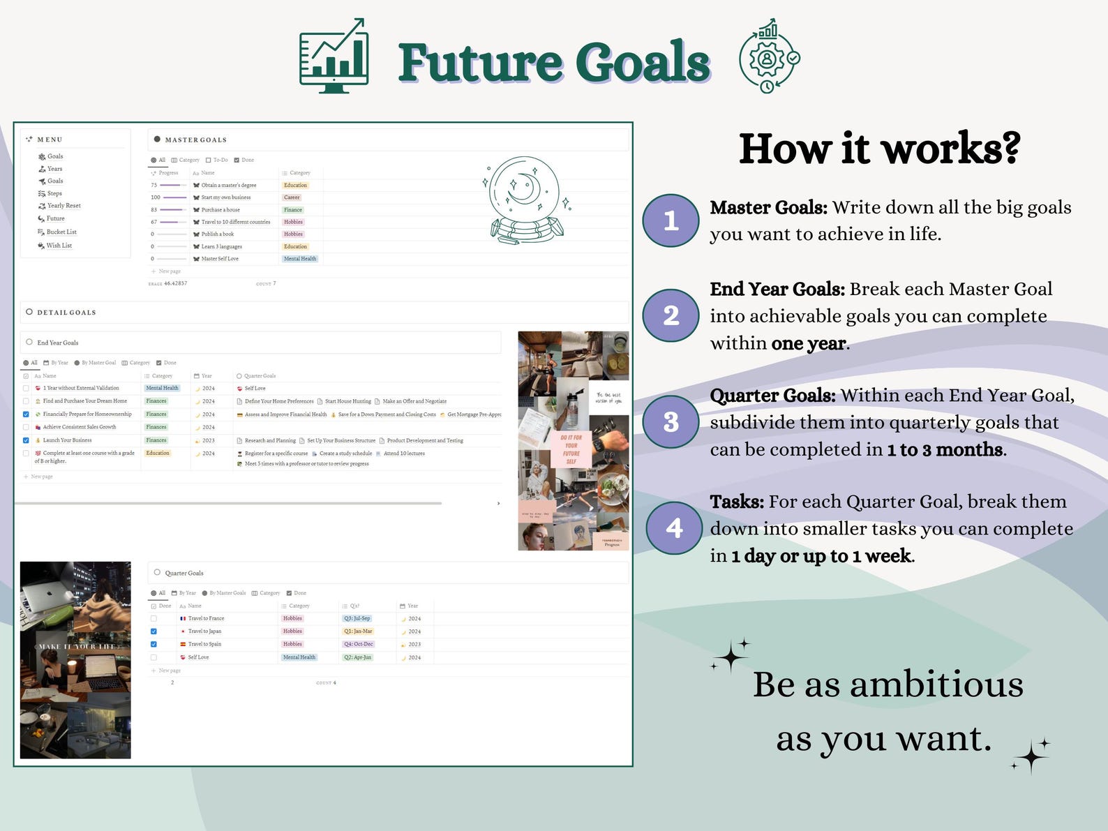 Goals Notion Template Goal Planner Quarter Goals Steps Review Wish List ...