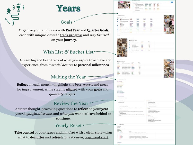 Goals Notion Template Goal Planner Quarter Goals Steps Review Wish List Bucket List Yearly Reset ...