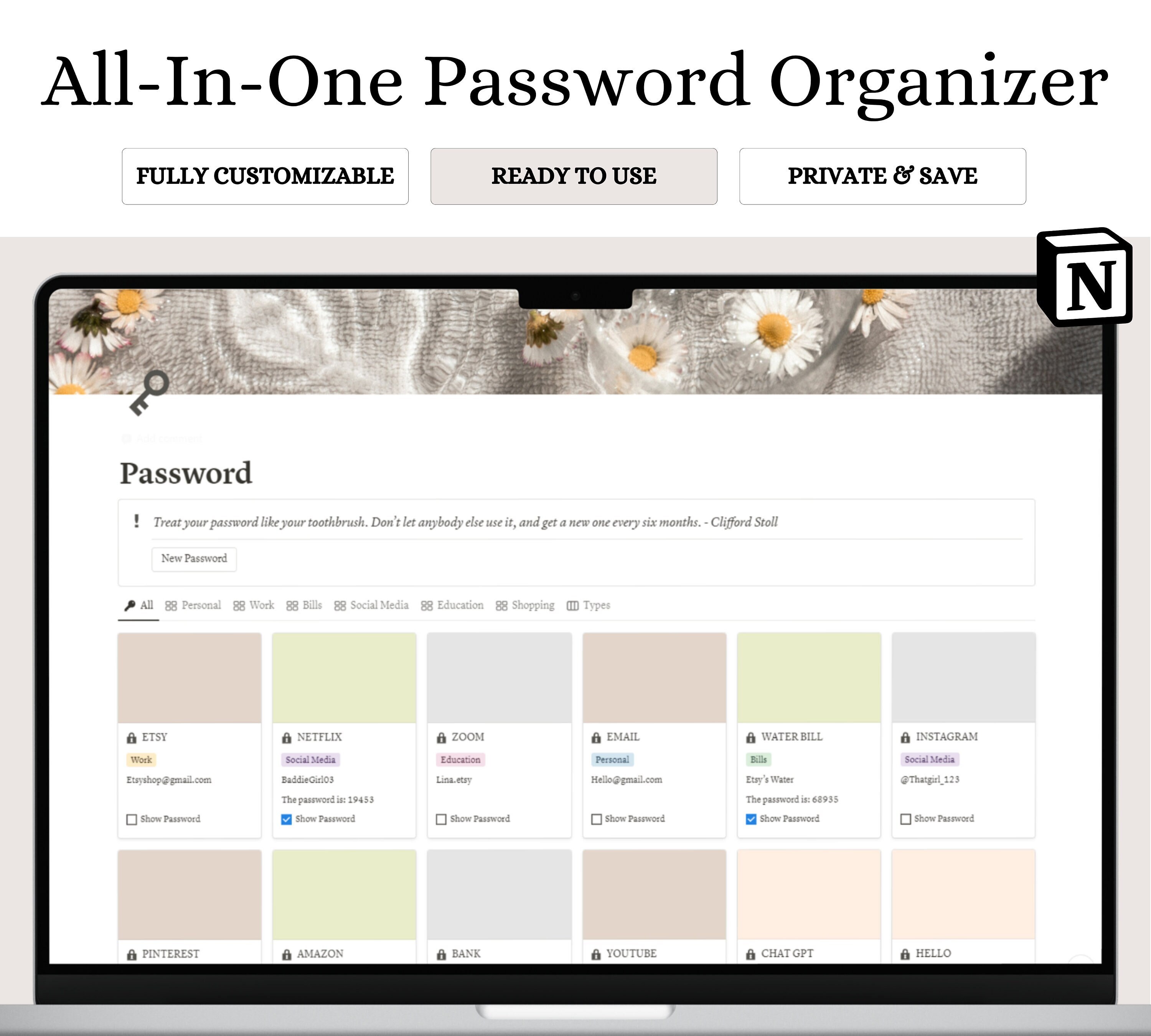 Password Tracker Organizer Notion Template Password Manager Book Log in ...