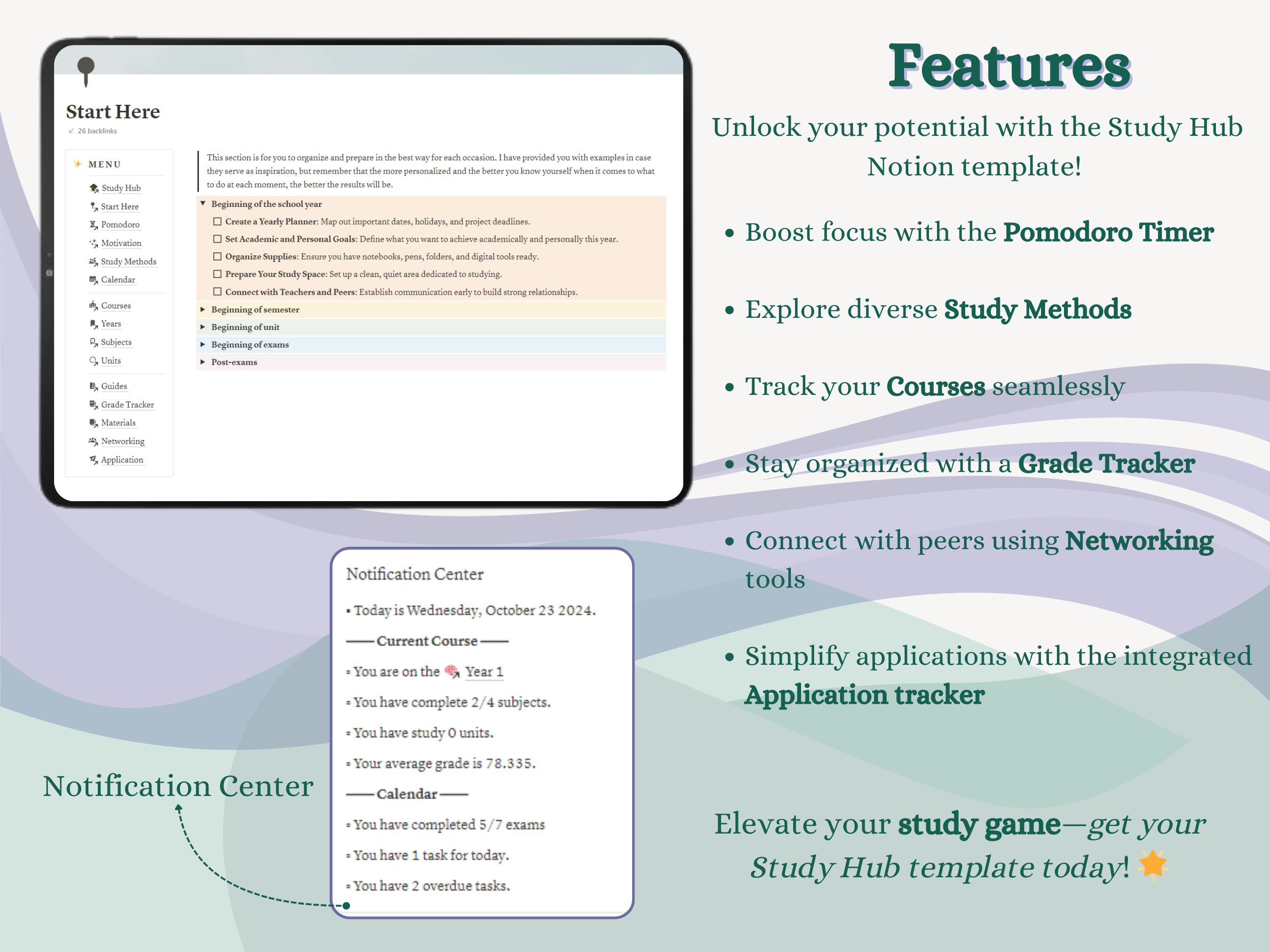 Study Hub Notion Template University Study Organizer Pomodoro Course ...