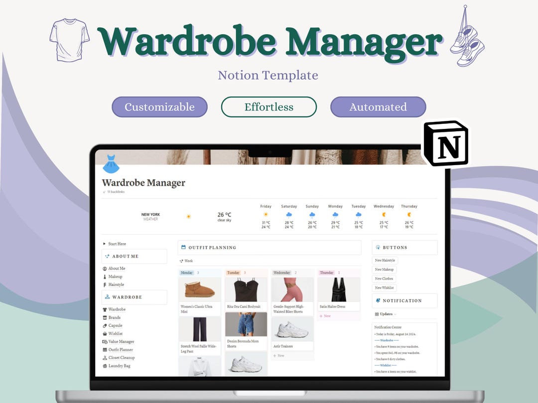 Wardrobe Manager Notion Template Closet Organizer Tracker Fashion Log ...