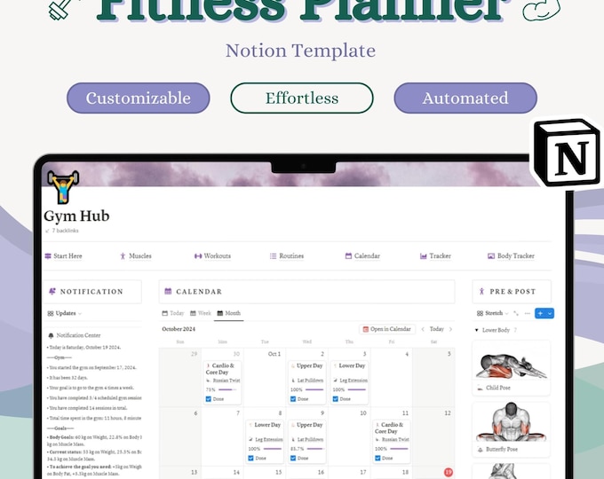 Gym Hub Notion Template Customizable Fitness Planner Workout Tracker ...