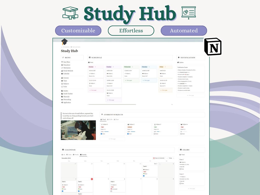 Study Hub Notion Template University Study Organizer Pomodoro Course Planner Grade Tracker Study ...