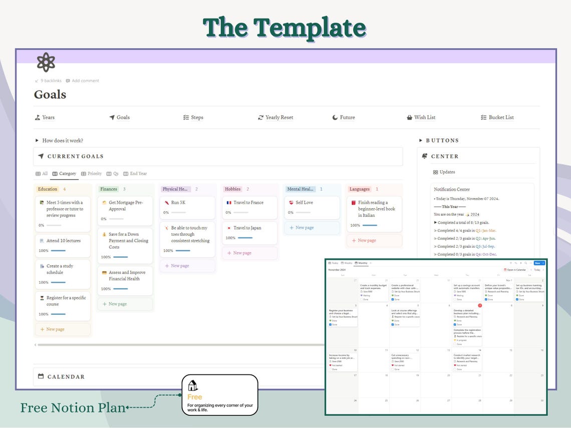Goals Notion Template Goal Planner Quarter Goals Steps Review Wish List ...
